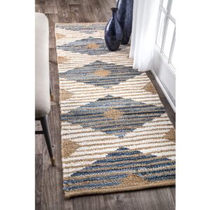 nuloom hand braided marla denim and jute diamonds runner rug, 2' 6" x 6', off-white