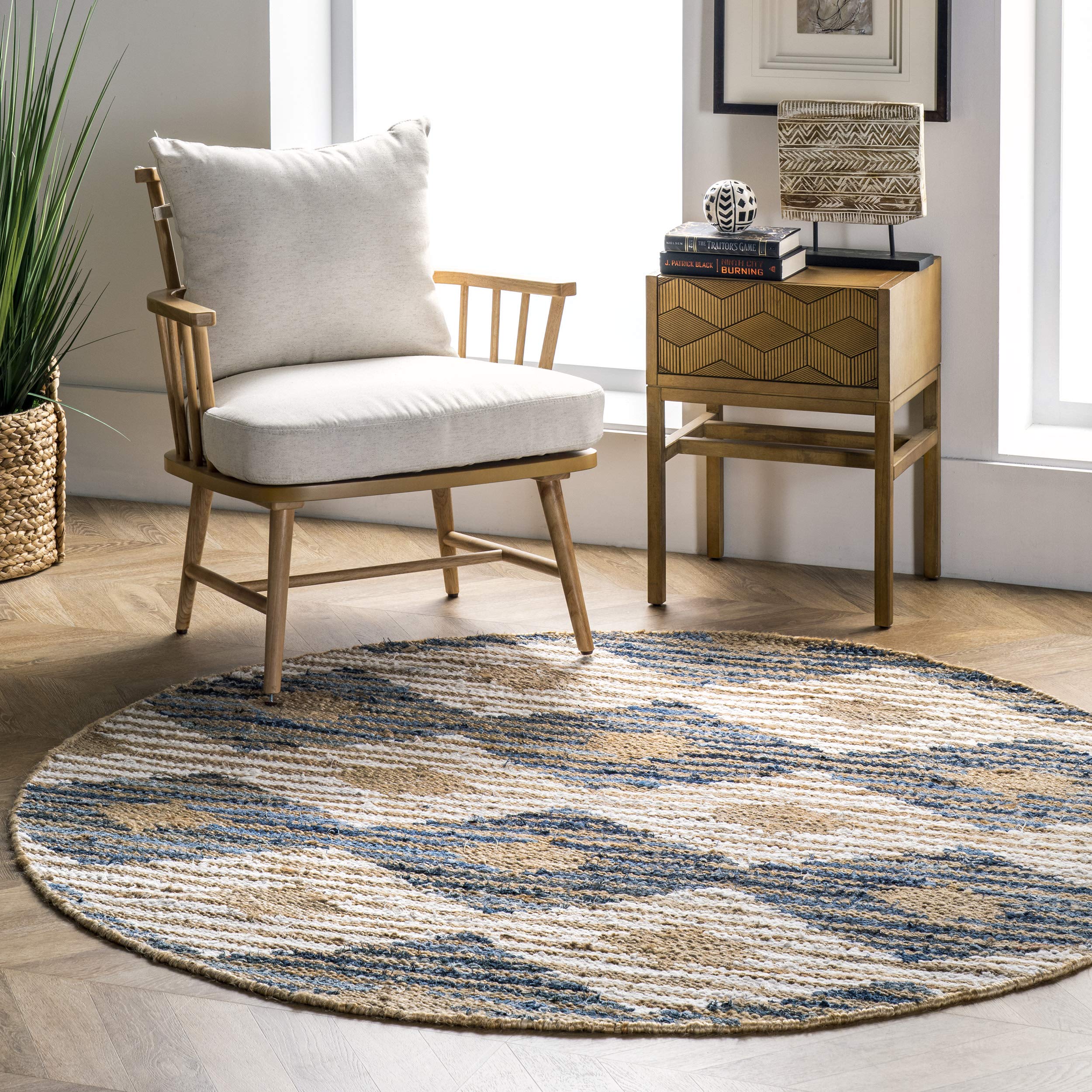 nuLOOM Hand Braided Marla Denim And Jute Diamonds Runner Rug, 2' 6" x 6', Off-white