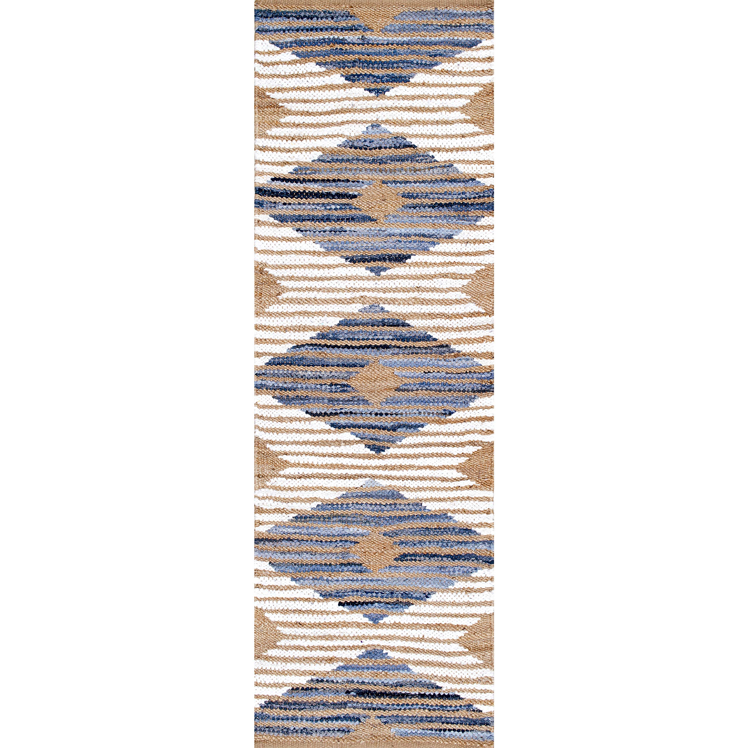 nuLOOM Hand Braided Marla Denim And Jute Diamonds Runner Rug, 2' 6" x 6', Off-white