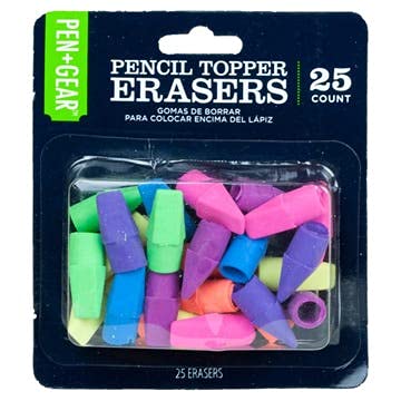 Pencil Top Eraser 25 Pack Pen Gear Multicolor Latex Free School Office Supplies