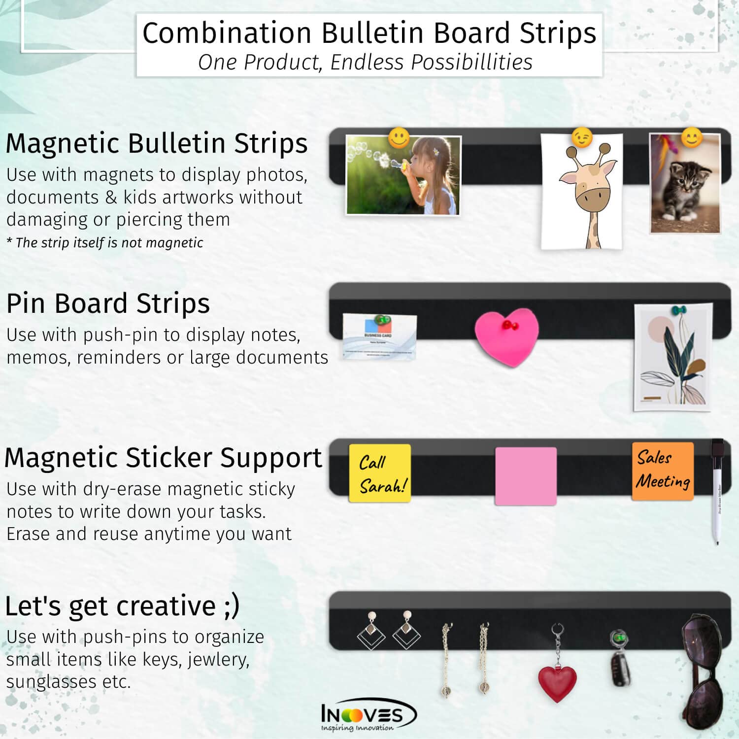 Inooves Combo Magnetic and Felt Cork Board Strips - with Pushpins, Magnets & Reusable Dry-Erase Sticky Notes, Strong Adhesive Backing Bulletin Boards, 1/2 inch Thick No Damage for Wall - 5 Pcs Black