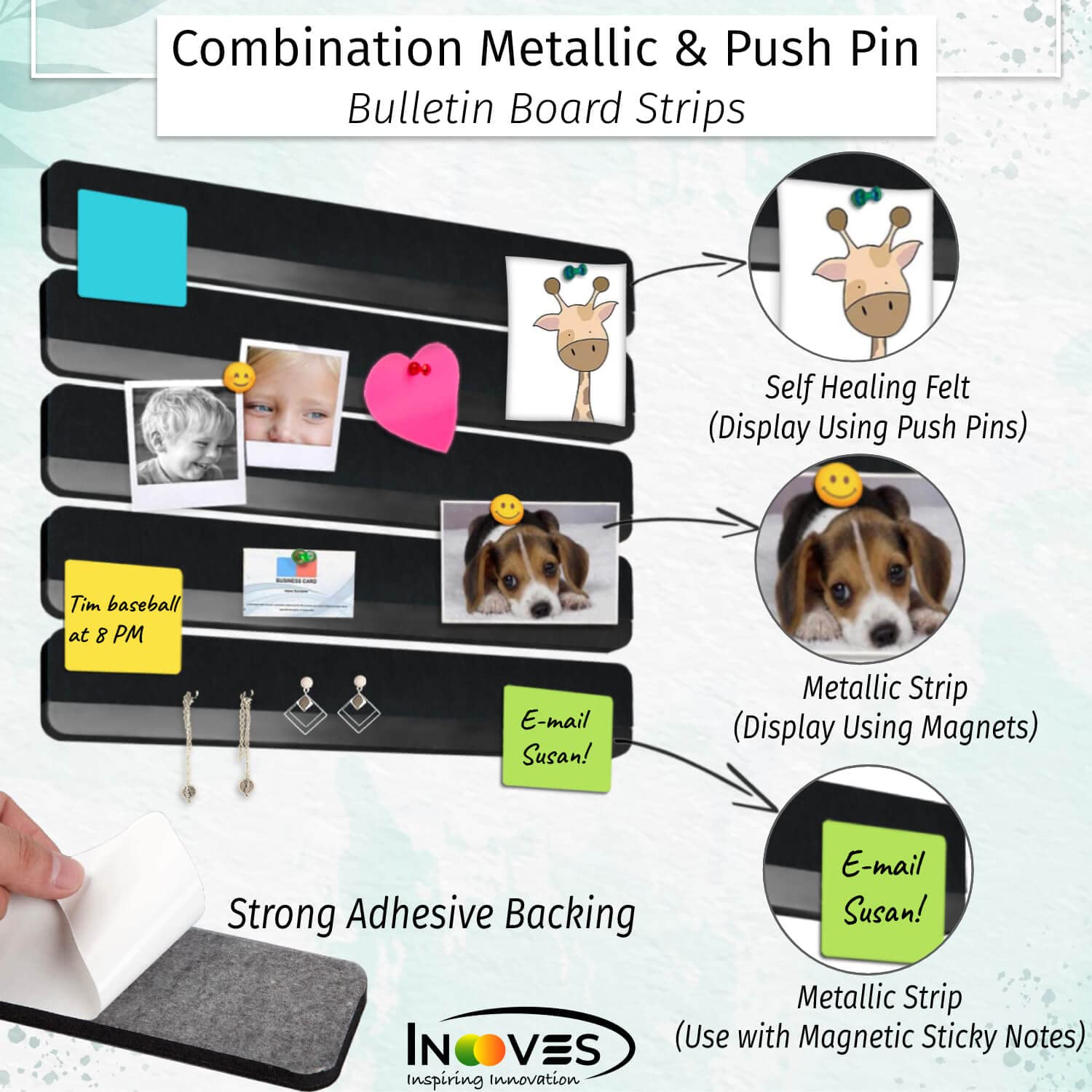 Inooves Combo Magnetic and Felt Cork Board Strips - with Pushpins, Magnets & Reusable Dry-Erase Sticky Notes, Strong Adhesive Backing Bulletin Boards, 1/2 inch Thick No Damage for Wall - 5 Pcs Black