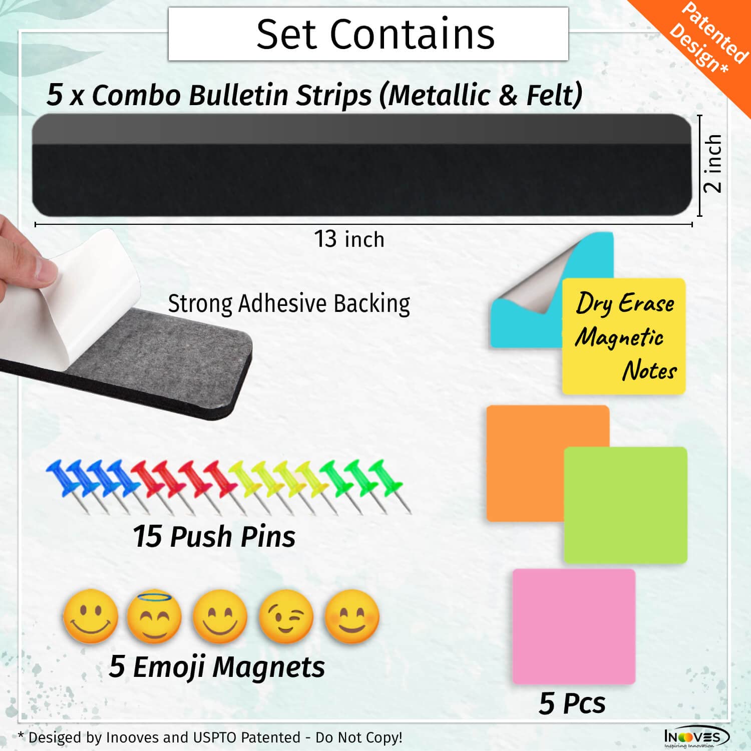 Inooves Combo Magnetic and Felt Cork Board Strips - with Pushpins, Magnets & Reusable Dry-Erase Sticky Notes, Strong Adhesive Backing Bulletin Boards, 1/2 inch Thick No Damage for Wall - 5 Pcs Black