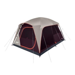 coleman skylodge camping tent, 8/10/12 person weatherproof family tent with convertible screen room, color-coded poles, room divider, rainfly, and storage pockets, fits multiple queen-sized airbeds