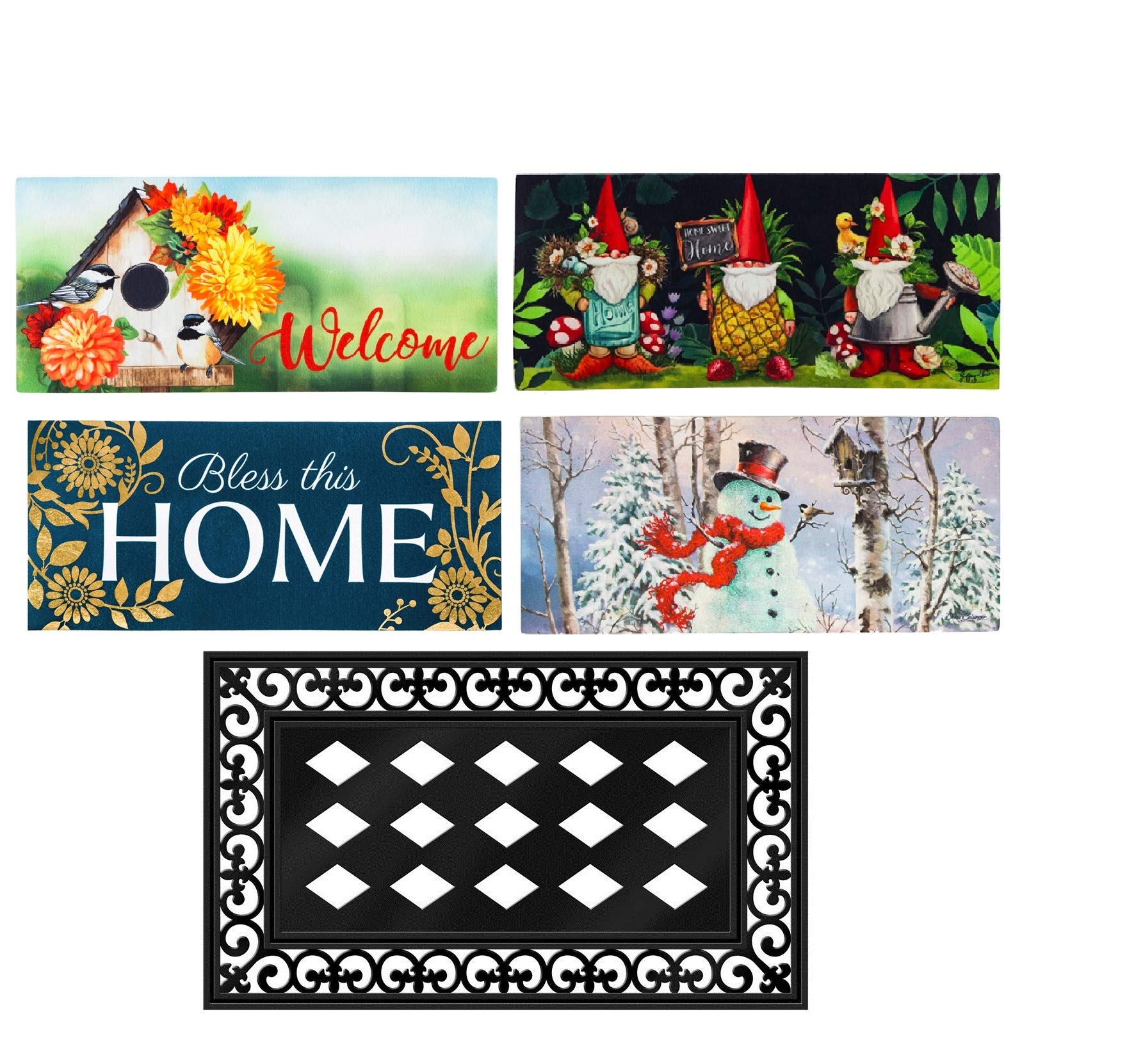 Evergreen Sassafras Bundle - Set of 5 All Seasons Interchangeable Entrance Doormats | Indoor and Outdoor |22-in x 10-in doormats and 30-in x 18-in Tray | Non-Slip Backing | Low Profile | Home Décor