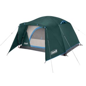 coleman skydome camping tent with full-fly weather vestibule, 2/4/6 person weatherproof tent with rainfly, carry bag, storage pockets, and ventilation, sets up in 5 minutes