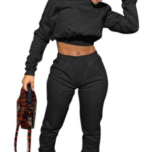 Akmipoem Winter Outfits for Women 2 Piece Tracksuits Long Sleeve Crop Hoodie Sweatshirts Jogging Pants Set Black L