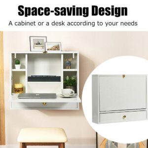 Home Office Garden Furniture Decor Foldable Wall Mount Laptop Desk Hideaway Ample Storage Organizer Multifunction Cabinet Space-Saving with Drawer White Sturdy Wood with Safety Lock