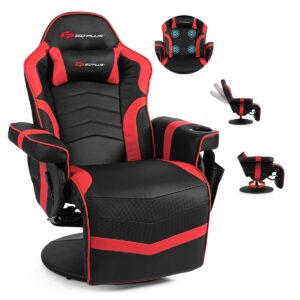 powerstone gaming recliner massage gaming chair with footrest ergonomic pu leather single sofa with cup holder headrest and side pouch, adjustable living room chair seating, red