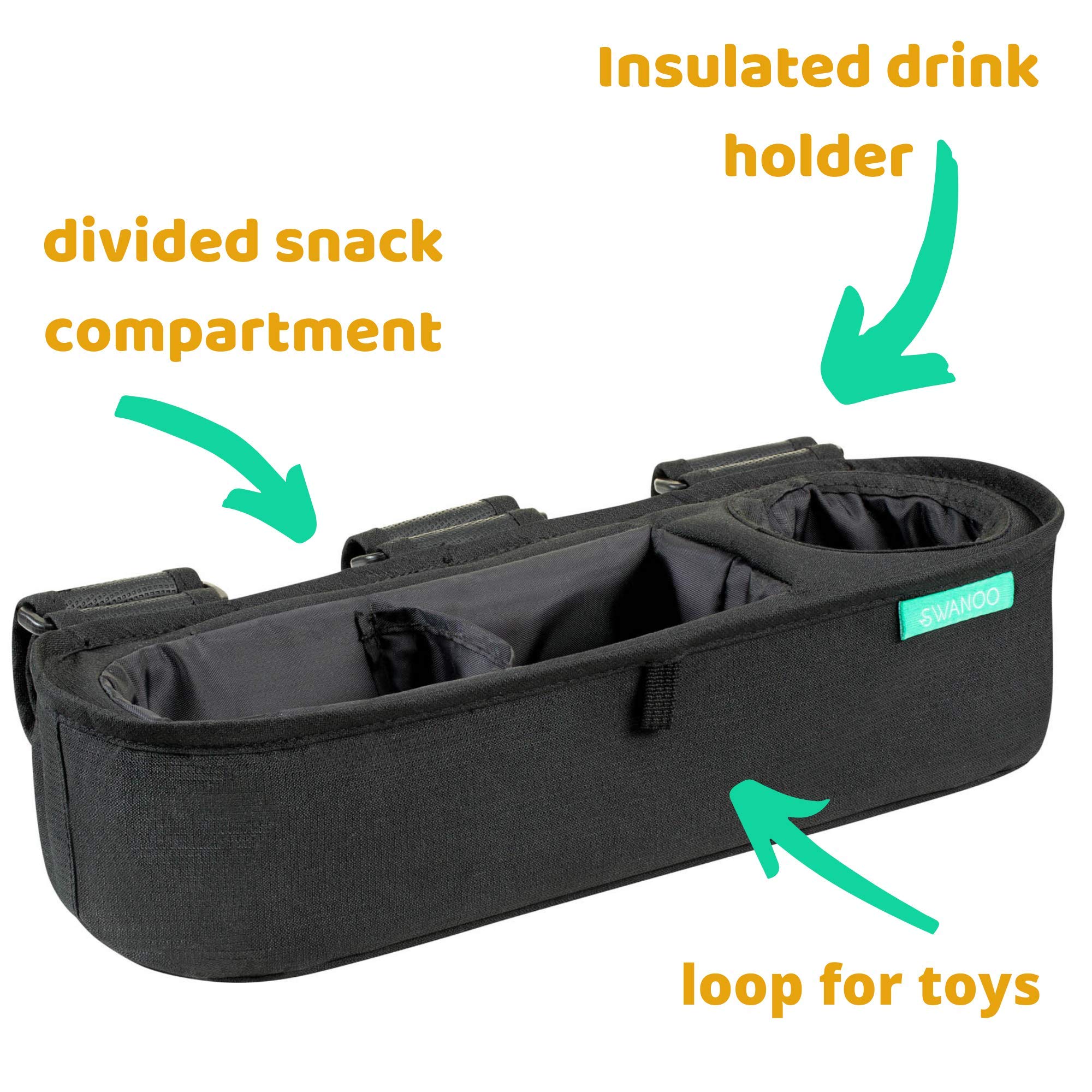 Universal Stroller Tray, Exclusive Straps Firmly Grip Stroller Bar. Universal Stroller Snack Tray Attachment with Insulated Sippy Cup Holder - Non Slip Grip Stays in Place. by Swanoo