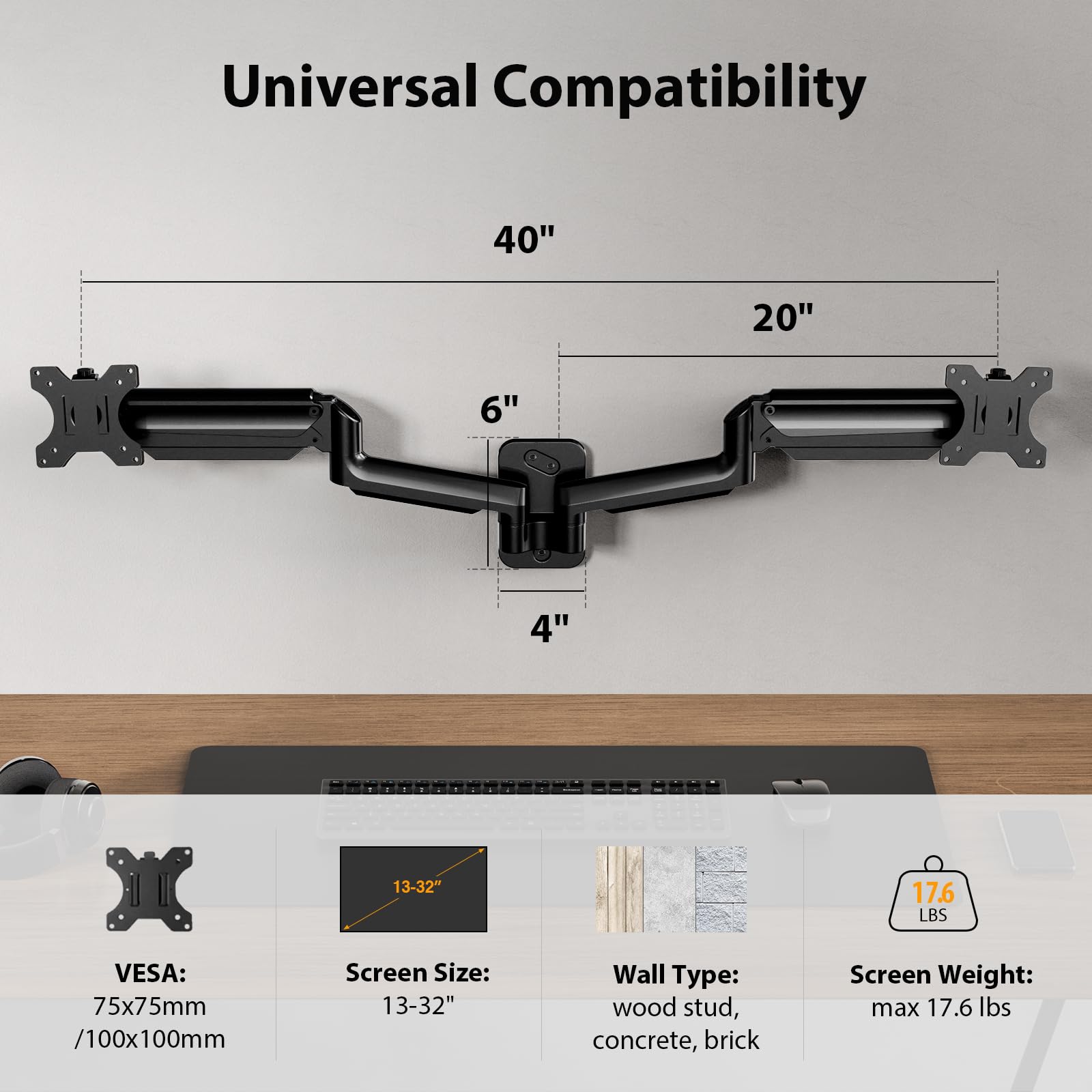 ErGear Dual Monitor Wall Mount, Gas Spring Monitor Arm for 2 Screen Max 32inch 18lbs Fully Motion Adjustable Computer Monitor Wall Mount Stand VESA Wall Monitor Mount Stand Holder 75x75/100x100mm