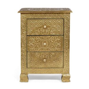 Christopher Knight Home Upson Handcrafted Boho 3 Drawer Nightstand, Gold