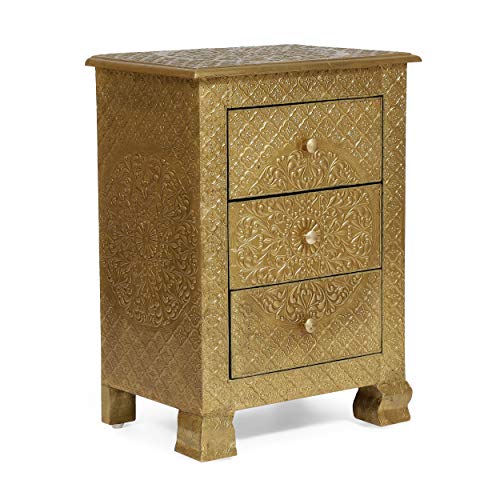 Christopher Knight Home Upson Handcrafted Boho 3 Drawer Nightstand, Gold