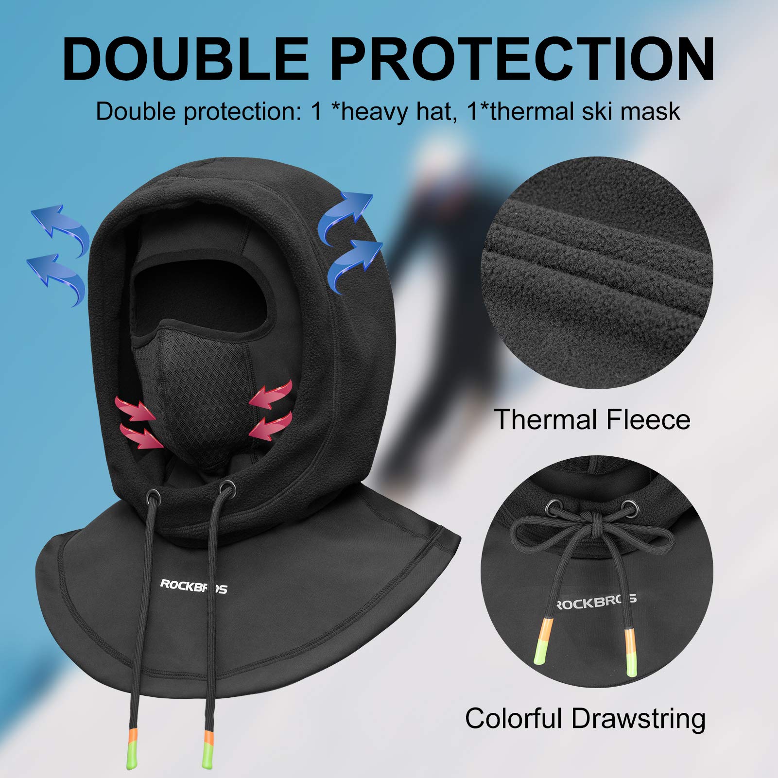 ROCKBROS Ski Mask Thermal Fleece Balaclava Ski Face Mask for Cold Weather Winter Men Outdoor Freezer Worker Black