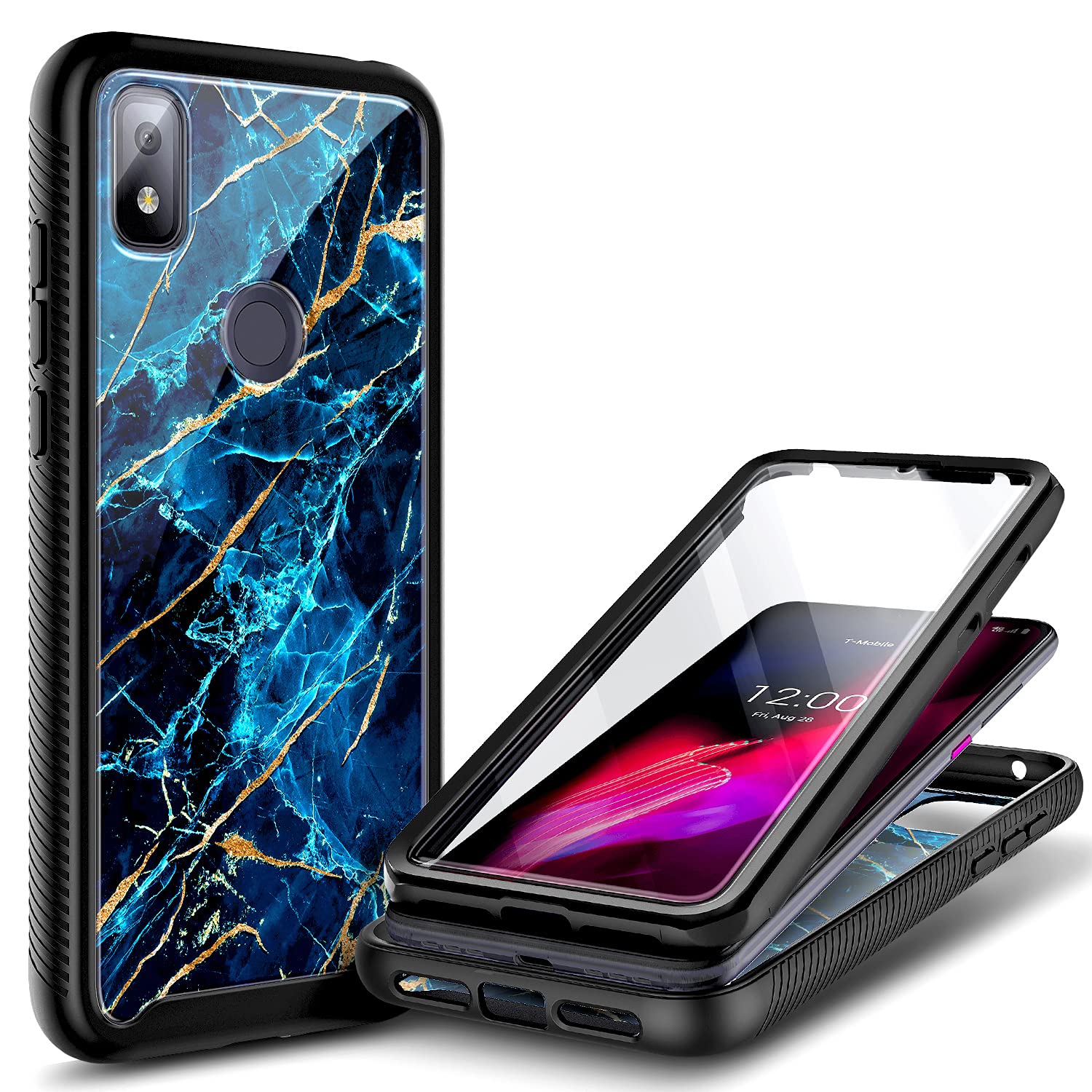 NZND Case for T-Mobile REVVL 4 with Built-in Screen Protector, Full-Body Protective Shockproof Rugged Bumper Cover, Impact Resist Phone Case -Marble Design Sapphire