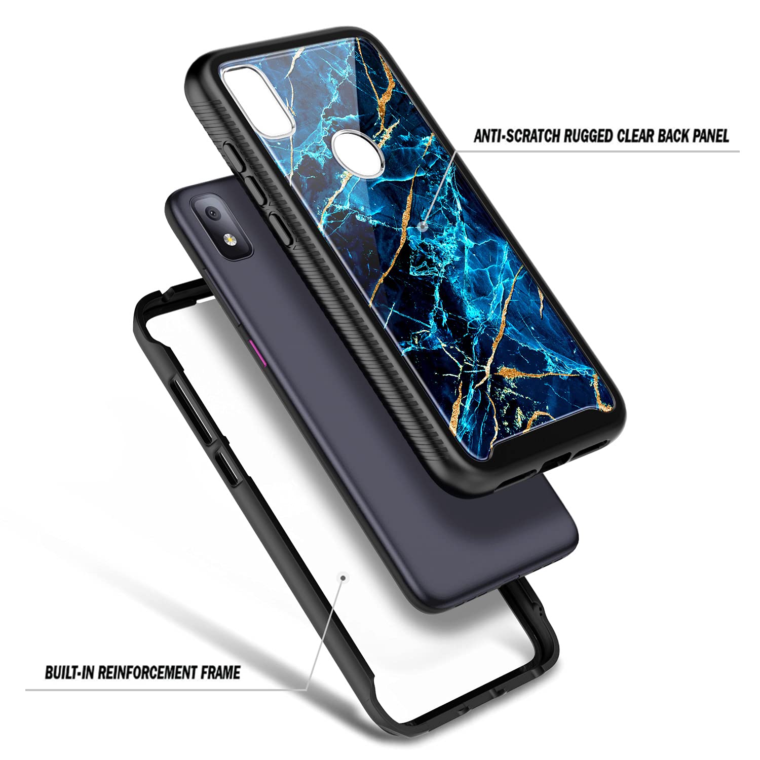 NZND Case for T-Mobile REVVL 4 with Built-in Screen Protector, Full-Body Protective Shockproof Rugged Bumper Cover, Impact Resist Phone Case -Marble Design Sapphire