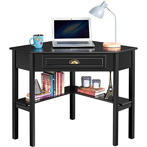 Yaheetech Wood Triangle Computer Desk Corner Table with Large Drawer & Storage Shelves, 90 Degrees Writing Desk Laptop PC Table for Home Office, Study Workstation for Small Space, Black