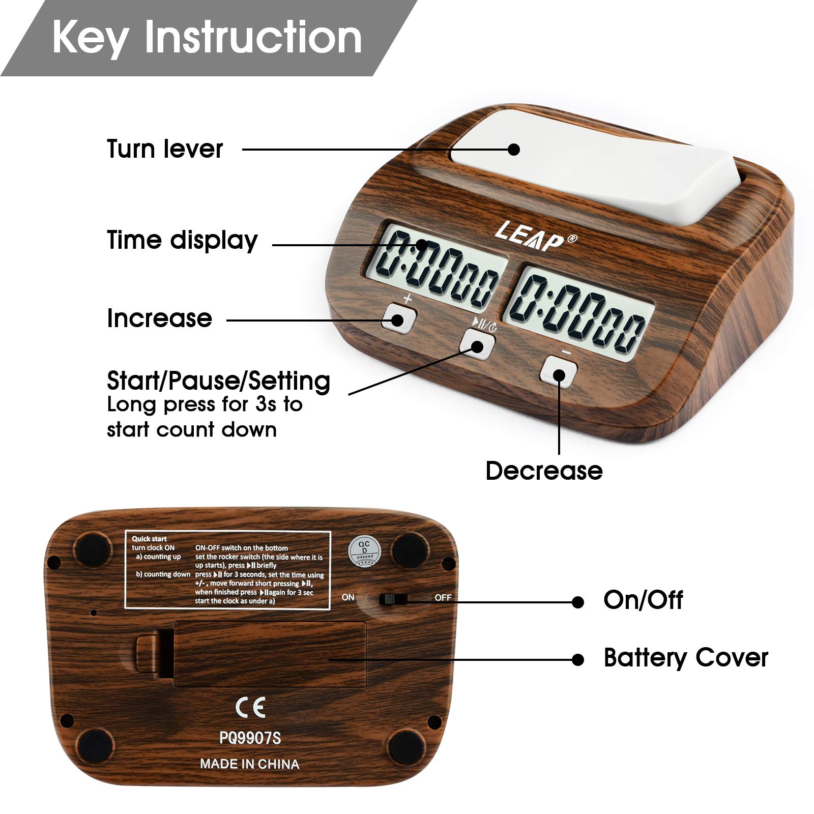 LEAP Chess Clock Digital Chess Timer Professional for Board Games Timer with Alarm Function (Official Store) Wood Appearance