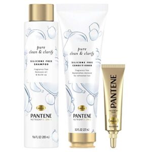 pantene shampoo and conditioner set pure clean & clarify plus hair mask rescue shot treatment, silicone free, nutrient blends, transparent