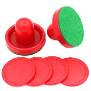 1 set mini air hockey pushers and air hockey pucks great goal handles pushers goal handles paddles replacement accessories for game tables 60 mm, red(2 strikers, 4 pucks)