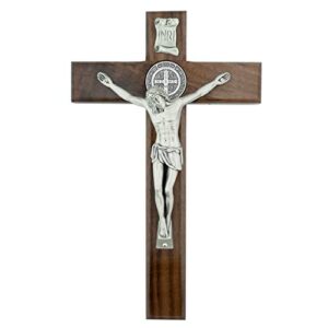 wooden wall cross with saint benedict medal | beautiful silver-tone jesus | solid dark stained wood | ready to hang on wall | great gift for baptism, new home, weddings | made in italy