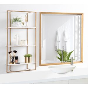 Kate and Laurel Kercheval Glam Wall Shelf, 15 x 32, White and Gold, Modern White Bookshelf with Three Tiers for Storage and Display