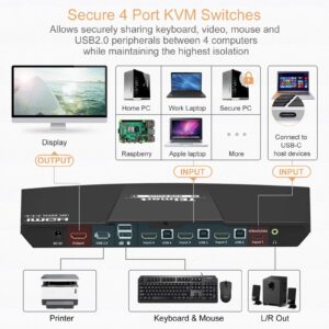 tesmart hdmi and usb c kvm switch 4 port box, uhd 4k@60hz rgb 4:4:4, usb 2.0 hub, stereo audio, hotkey, button switching, pc keyboard mouse switcher for 3 hdmi and 1 usb-c computers with 5ft cables