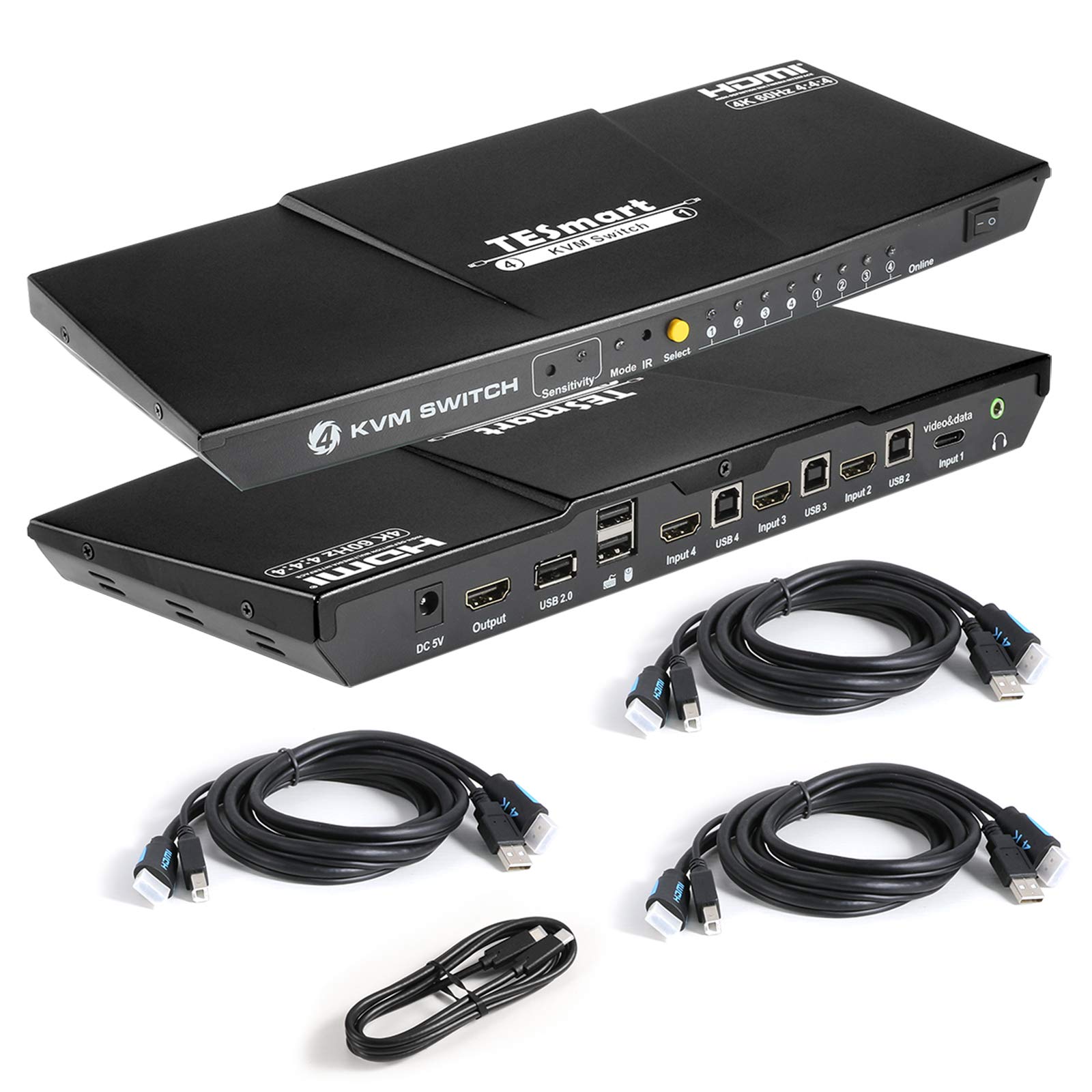 TESmart HDMI and USB C KVM Switch 4 Port Box, UHD 4K@60Hz RGB 4:4:4, USB 2.0 Hub, Stereo Audio, Hotkey, Button Switching, PC Keyboard Mouse Switcher for 3 HDMI and 1 USB-C Computers with 5ft Cables