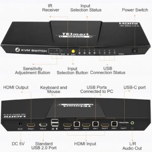 TESmart HDMI and USB C KVM Switch 4 Port Box, UHD 4K@60Hz RGB 4:4:4, USB 2.0 Hub, Stereo Audio, Hotkey, Button Switching, PC Keyboard Mouse Switcher for 3 HDMI and 1 USB-C Computers with 5ft Cables