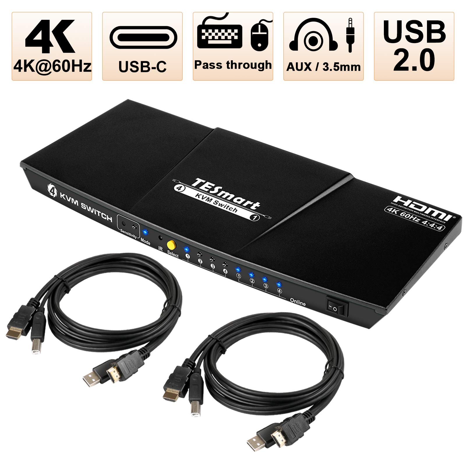 TESmart HDMI and USB C KVM Switch 4 Port Box, UHD 4K@60Hz RGB 4:4:4, USB 2.0 Hub, Stereo Audio, Hotkey, Button Switching, PC Keyboard Mouse Switcher for 3 HDMI and 1 USB-C Computers with 5ft Cables