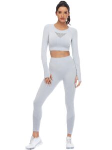 jollmono workout sets for women 2 piece yoga gym outfits seamless ribbed leggings with long sleeve tops(8003s-ice grey)