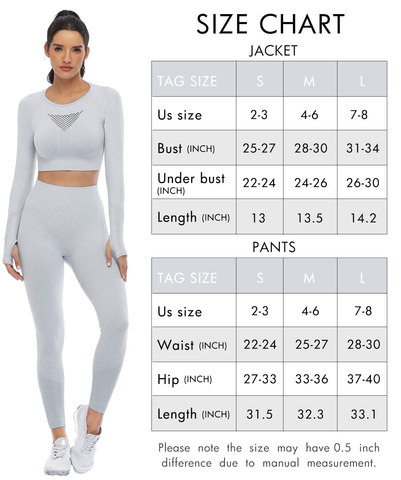 JOLLMONO Workout Sets for Women 2 Piece Yoga Gym Outfits Seamless Ribbed Leggings with Long Sleeve Tops(8003S-Ice grey)