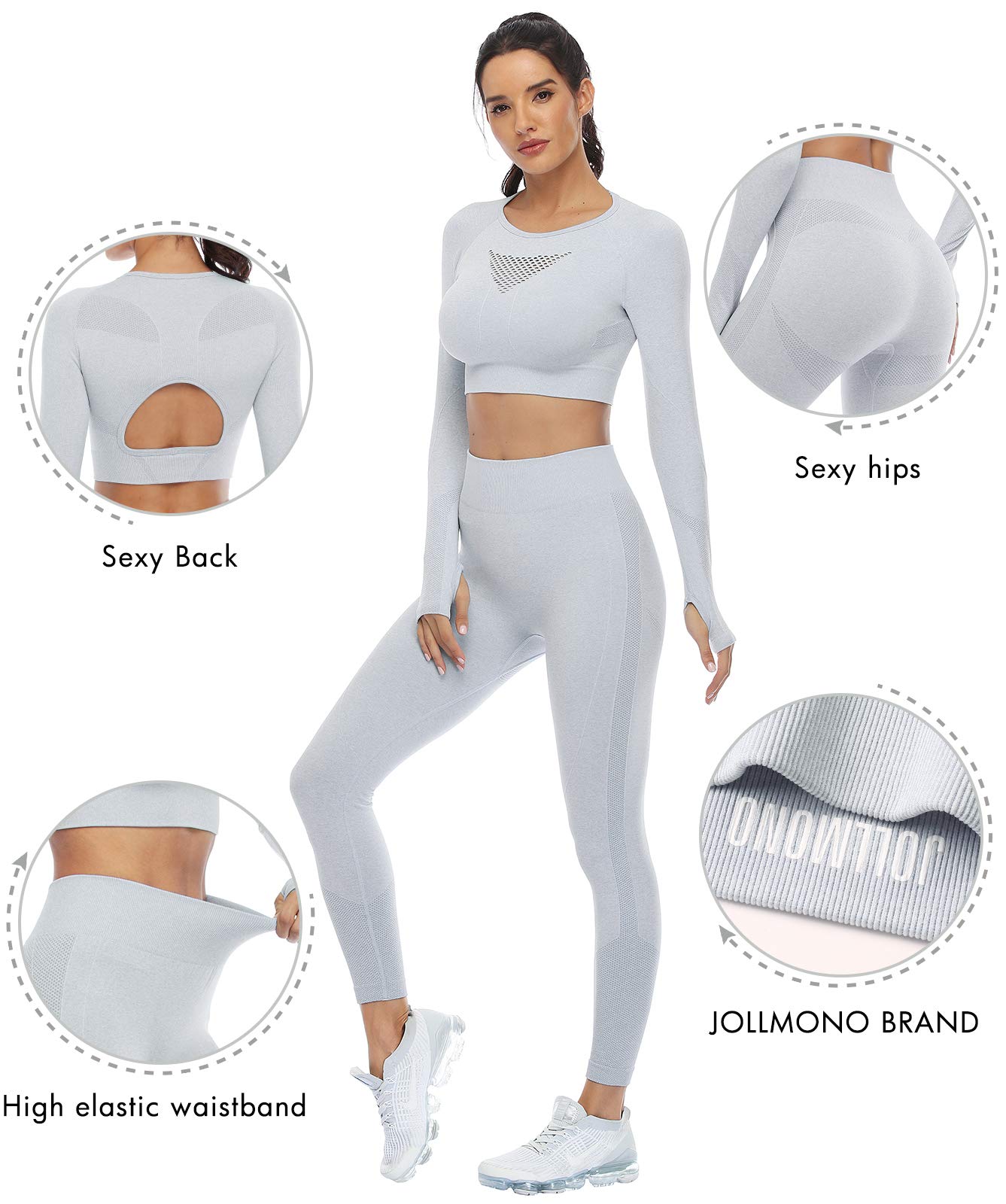 JOLLMONO Workout Sets for Women 2 Piece Yoga Gym Outfits Seamless Ribbed Leggings with Long Sleeve Tops(8003S-Ice grey)