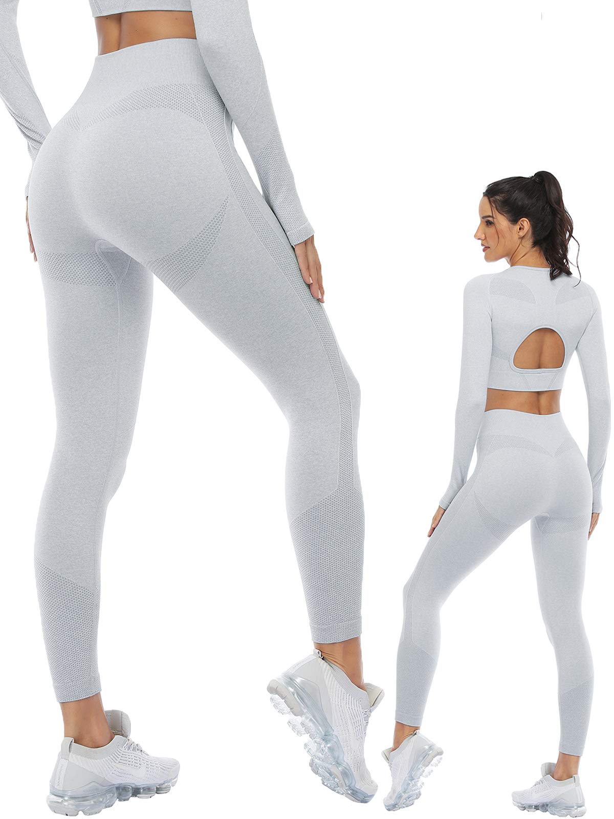 JOLLMONO Workout Sets for Women 2 Piece Yoga Gym Outfits Seamless Ribbed Leggings with Long Sleeve Tops(8003S-Ice grey)