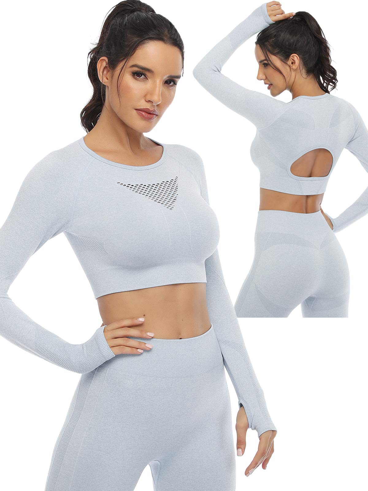 JOLLMONO Workout Sets for Women 2 Piece Yoga Gym Outfits Seamless Ribbed Leggings with Long Sleeve Tops(8003S-Ice grey)