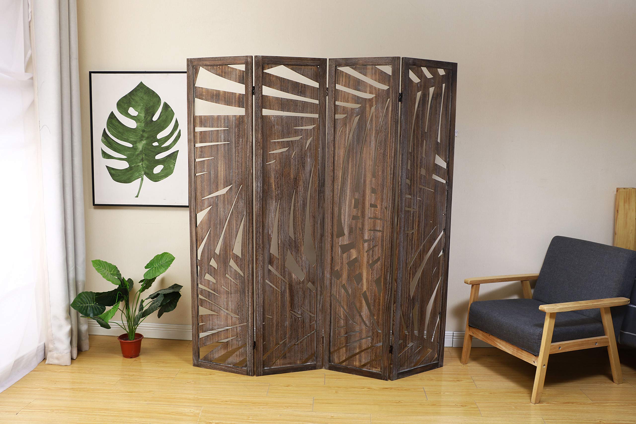 Proman Products Palm Spring 4-Panel Folding Screen Room Divider FS17151 Made in Natural Paulownia Wood, Carbonized Finish, 60" W x 67" H x 1" D (Max Extend), 15" W x 67" (Per Panel), Smoked Brown