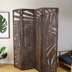 Proman Products Palm Spring 4-Panel Folding Screen Room Divider FS17151 Made in Natural Paulownia Wood, Carbonized Finish, 60" W x 67" H x 1" D (Max Extend), 15" W x 67" (Per Panel), Smoked Brown