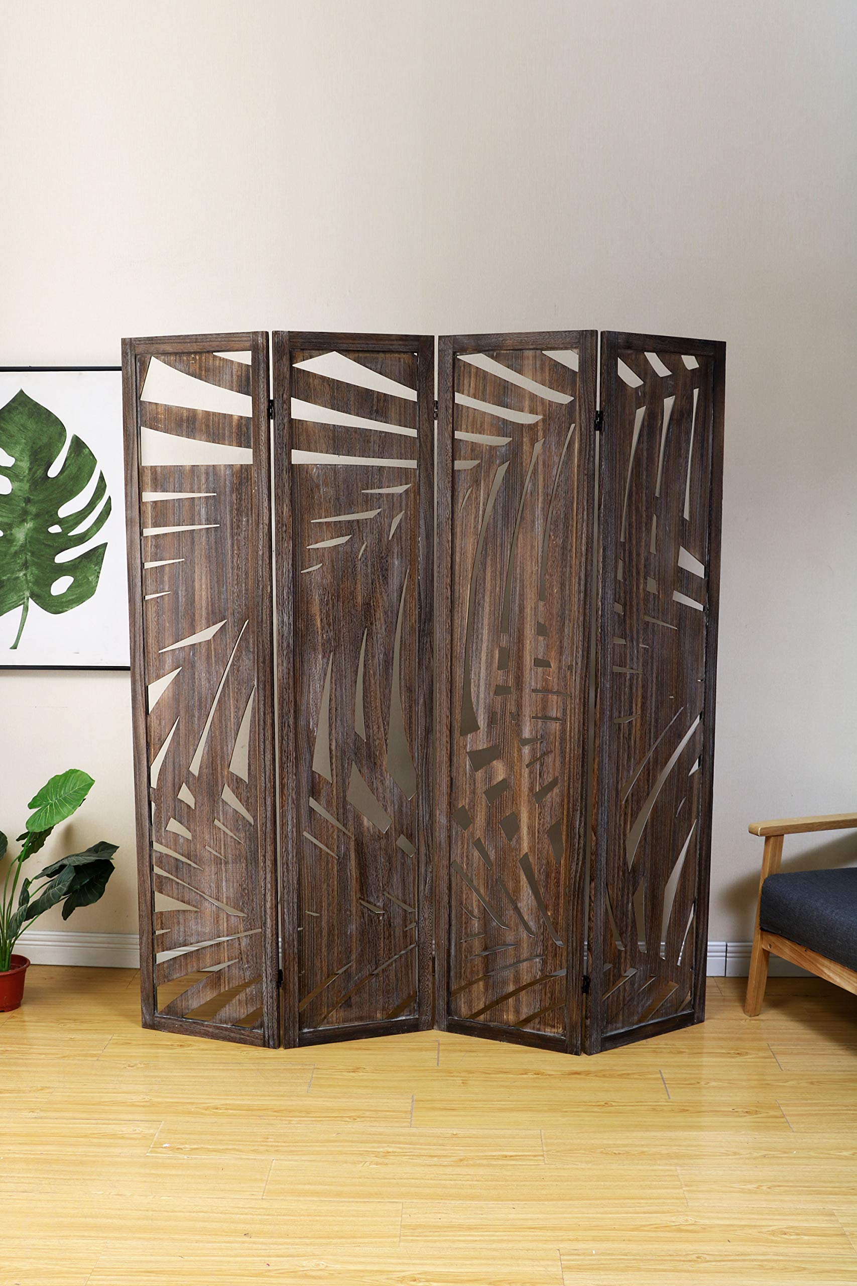 Proman Products Palm Spring 4-Panel Folding Screen Room Divider FS17151 Made in Natural Paulownia Wood, Carbonized Finish, 60" W x 67" H x 1" D (Max Extend), 15" W x 67" (Per Panel), Smoked Brown