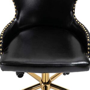 Meridian Furniture 167Black Hendrix Collection Modern Contemporary Vegan Leather Upholstered Swivel Adjustable Office Chair with Button Tufting and Gold Base, Black, 21.5" W x 24" D x 30.3"-32.6" H