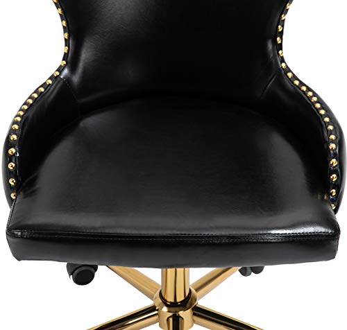 Meridian Furniture 167Black Hendrix Collection Modern Contemporary Vegan Leather Upholstered Swivel Adjustable Office Chair with Button Tufting and Gold Base, Black, 21.5" W x 24" D x 30.3"-32.6" H