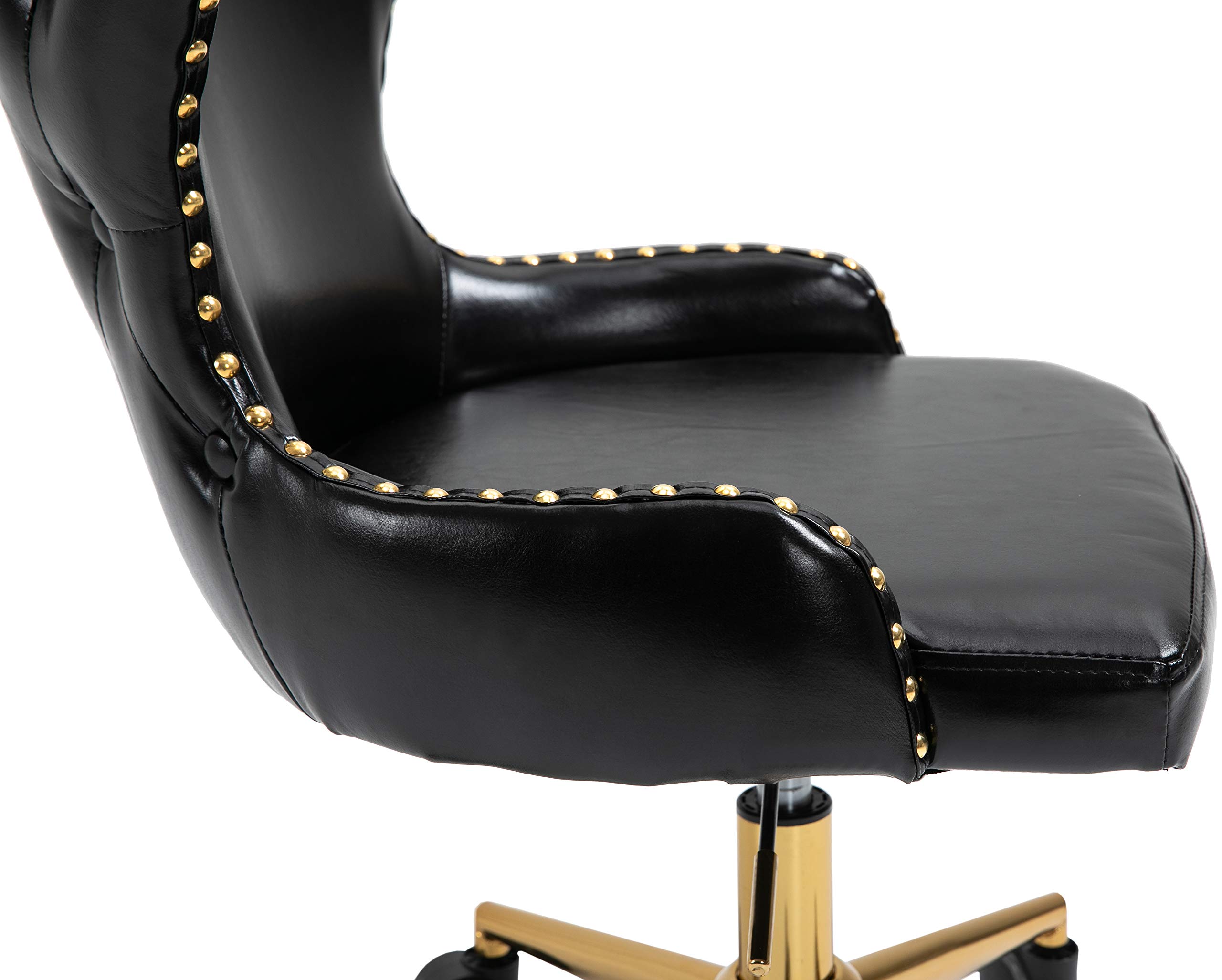 Meridian Furniture 167Black Hendrix Collection Modern Contemporary Vegan Leather Upholstered Swivel Adjustable Office Chair with Button Tufting and Gold Base, Black, 21.5" W x 24" D x 30.3"-32.6" H