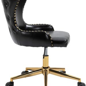 Meridian Furniture 167Black Hendrix Collection Modern Contemporary Vegan Leather Upholstered Swivel Adjustable Office Chair with Button Tufting and Gold Base, Black, 21.5" W x 24" D x 30.3"-32.6" H