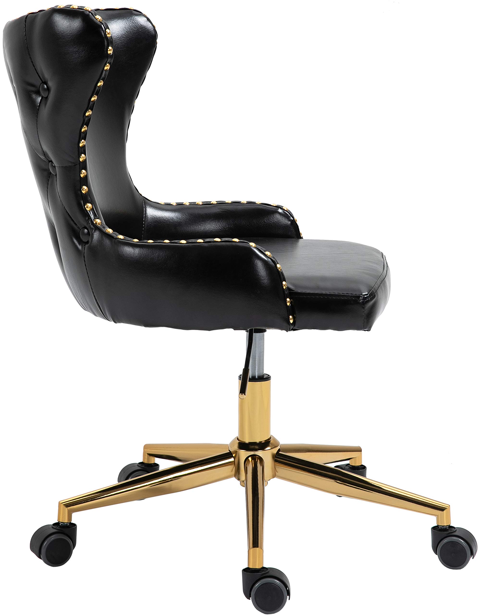 Meridian Furniture 167Black Hendrix Collection Modern Contemporary Vegan Leather Upholstered Swivel Adjustable Office Chair with Button Tufting and Gold Base, Black, 21.5" W x 24" D x 30.3"-32.6" H