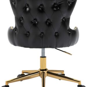 Meridian Furniture 167Black Hendrix Collection Modern Contemporary Vegan Leather Upholstered Swivel Adjustable Office Chair with Button Tufting and Gold Base, Black, 21.5" W x 24" D x 30.3"-32.6" H