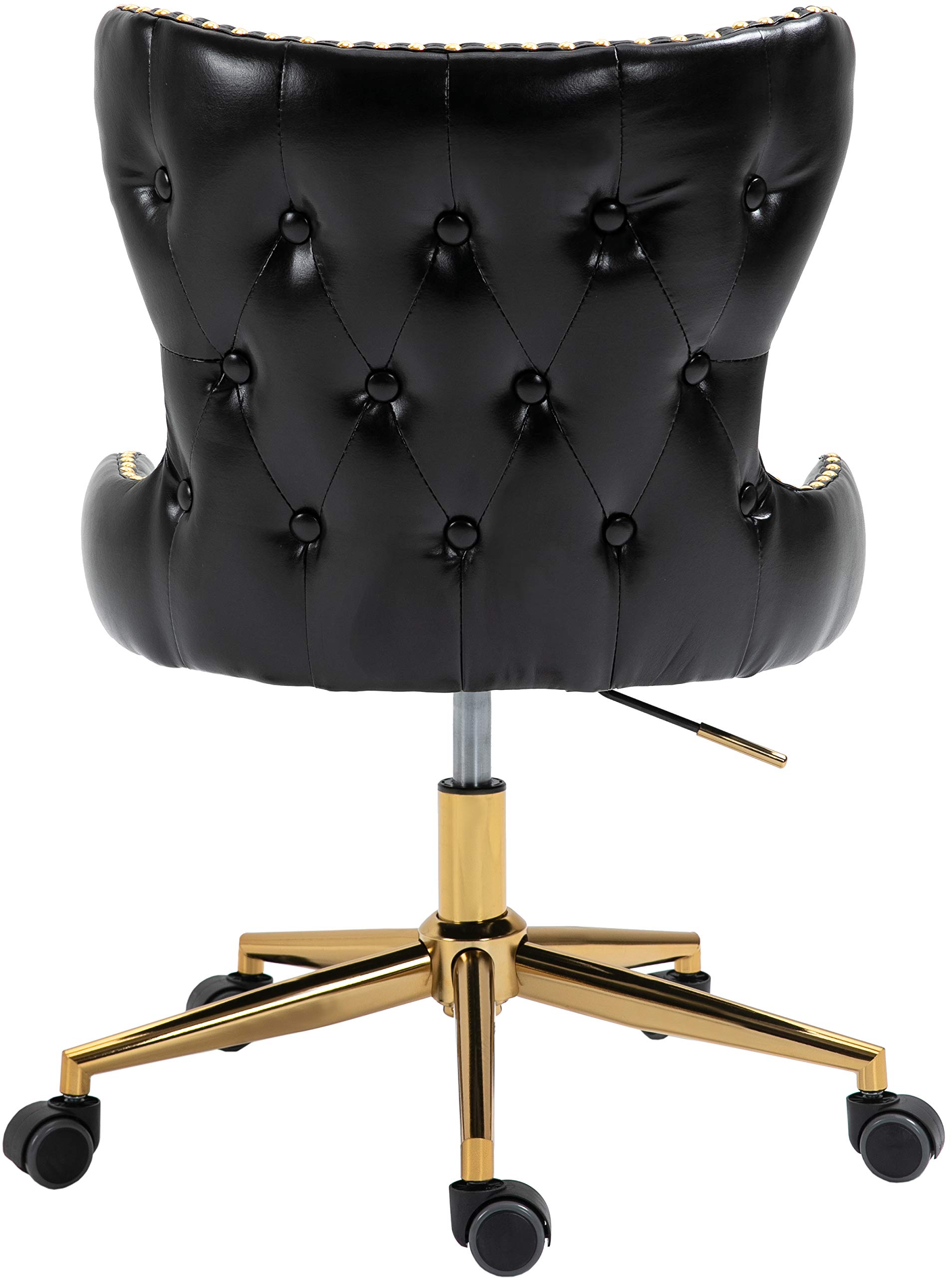 Meridian Furniture 167Black Hendrix Collection Modern Contemporary Vegan Leather Upholstered Swivel Adjustable Office Chair with Button Tufting and Gold Base, Black, 21.5" W x 24" D x 30.3"-32.6" H