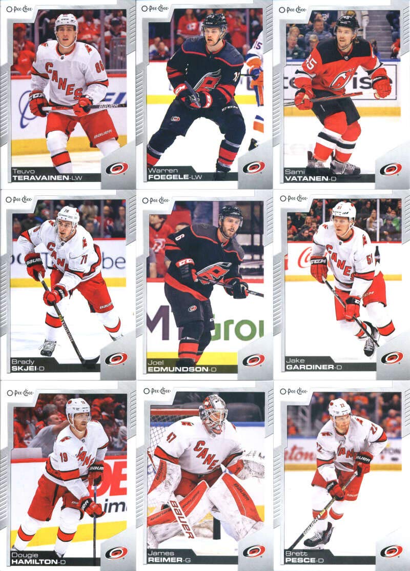 2020-21 O-Pee-Chee Carolina Hurricanes Team Set of 19 Cards: Sebastian Aho(#69), Andrei Svechnikov(#117), Jordan Staal(#139), Justin Williams(#151), Vincent Trocheck(#195), Jake Gardiner(#230), Dougie Hamilton(#232), James Reimer(#246), Brett Pesce(#251),