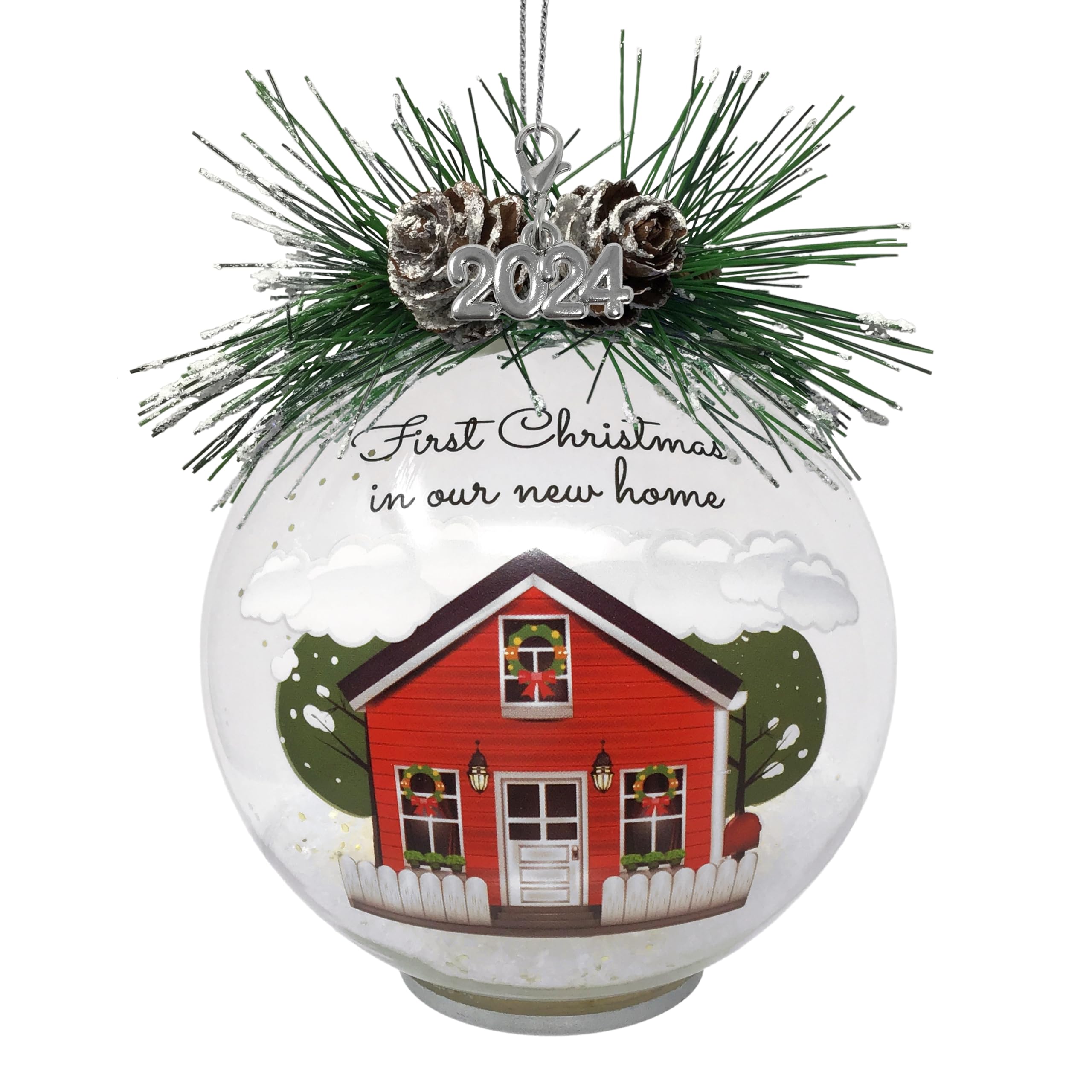 First Christmas in Our New Home Dated 2023 Charm - LED Lighted Glass Ball Ornament with Glittery Snow, Pinecones Greenery