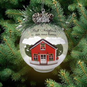 First Christmas in Our New Home Dated 2023 Charm - LED Lighted Glass Ball Ornament with Glittery Snow, Pinecones Greenery