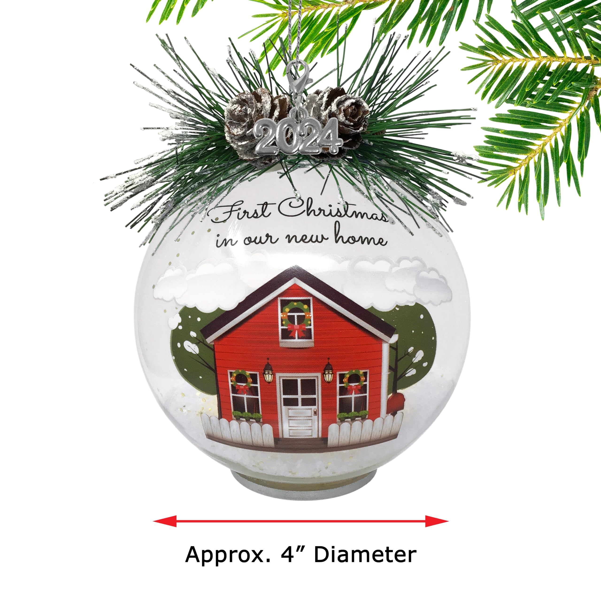 First Christmas in Our New Home Dated 2023 Charm - LED Lighted Glass Ball Ornament with Glittery Snow, Pinecones Greenery