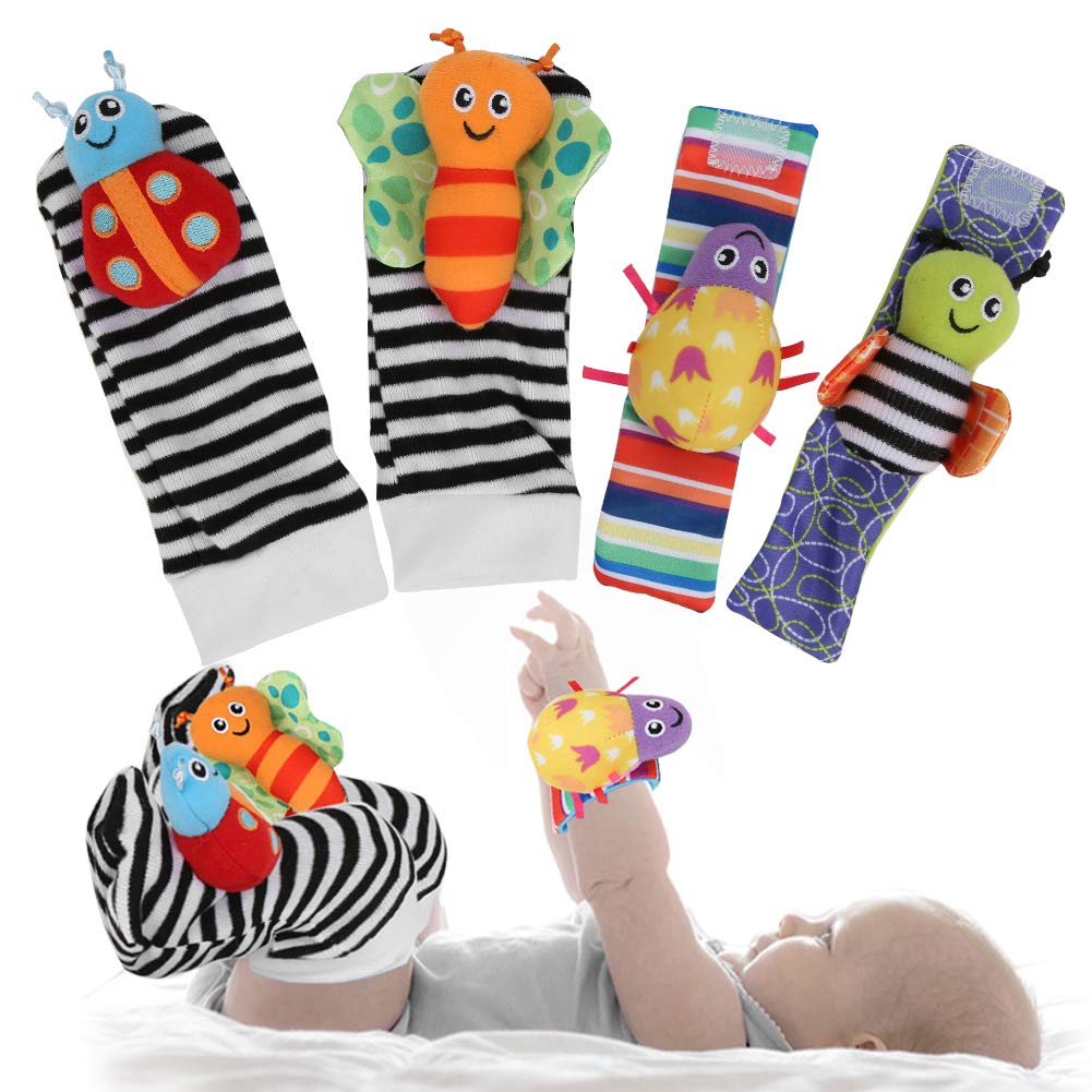 4Pcs Baby Wristband and Socks Rattle Toys, Sock Hanging Toy Infant Baby Cute Lovely Soft Baby Socks Toys Wrist Rattles Infant Toy(#1)